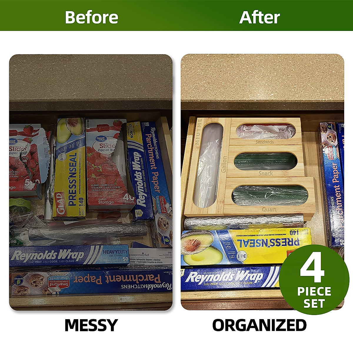 Ziplock Bag Storage Organizer for Drawer with Bigger Quart Box Bamboo Baggie Storage Organizer Kitchen Food Holders, Gallon Quart Snack and Sandwich Bag Variety Size Dispenser,4 Pack