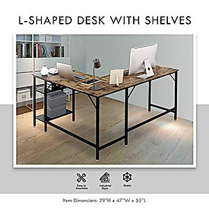 AJP Distributors L Shape Computer Desk with Storage Shelf Study Writing Table for Home Office, Modern Simple Style PC Desk, Black Metal Frame, Rustic