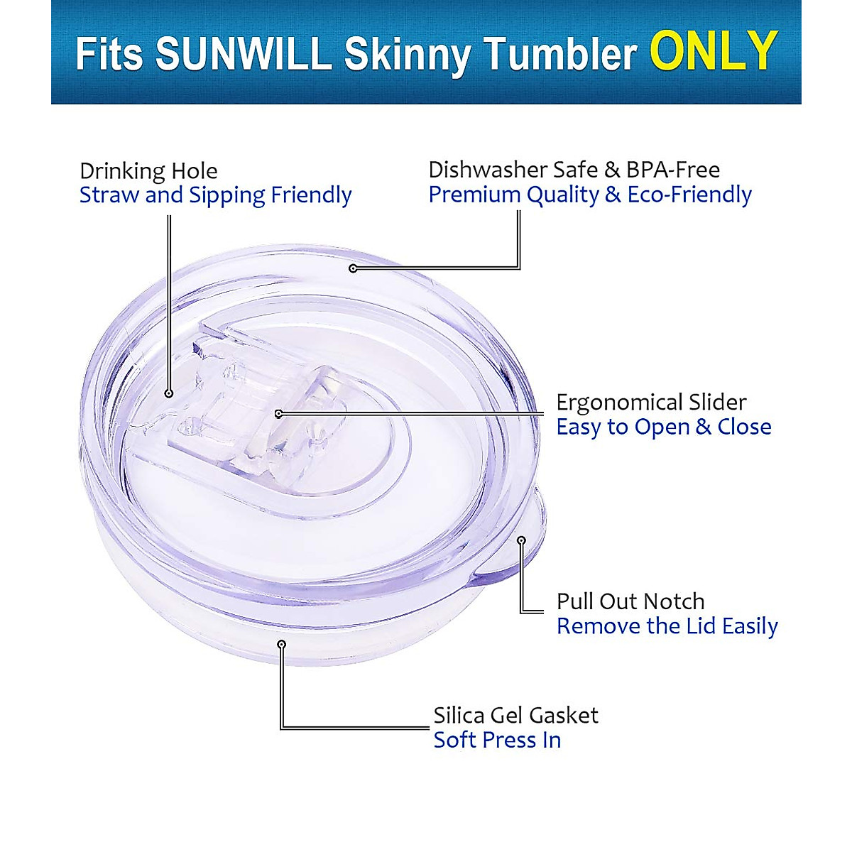 Lid for SUNWILL 12oz and 20oz Skinny Tumblers Only, Spill and Splash Resistant Sliding Covers Replacement 2 Pack, Straw Friendly, BPA Free