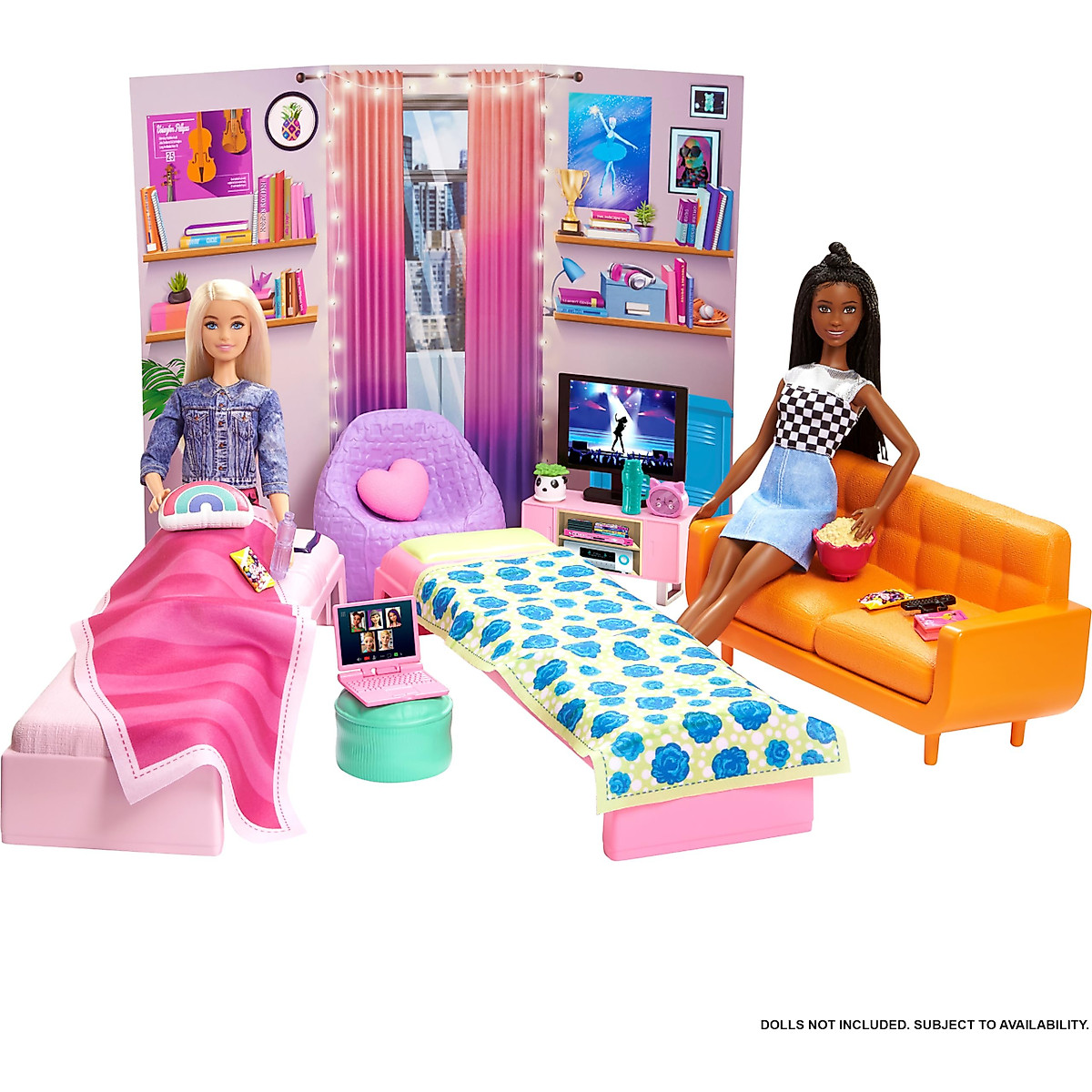 Barbie Toy Playset, Big City, Big Dreams Dorm Room Furniture & Accessories, Includes 2 Beds, Couch, Bean Bag Chair & More