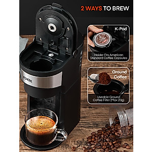 FOHERE Coffee Maker, Single Serve Iced and Hot Coffee Brewer for K Pod & Ground Coffee, with 90s Fast Brewing, 6 to 14 Oz Brew Sizes, 1000W Compact Coffee Machine with Water Window and Descaling Mode