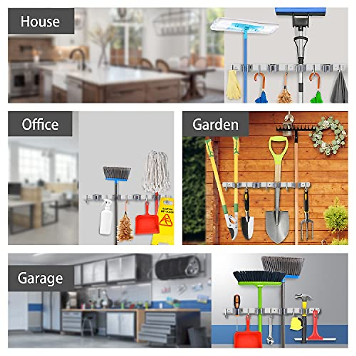 Garnen Mop and Broom Organizer (4 Racks 5 Hooks), Heavy Duty Broom Wall Mount Rake Holder Stainless Steel Tool Hanger for Home, Kitchen, Garage, Garden, Laundry Room, Bathroom Organization and Storage