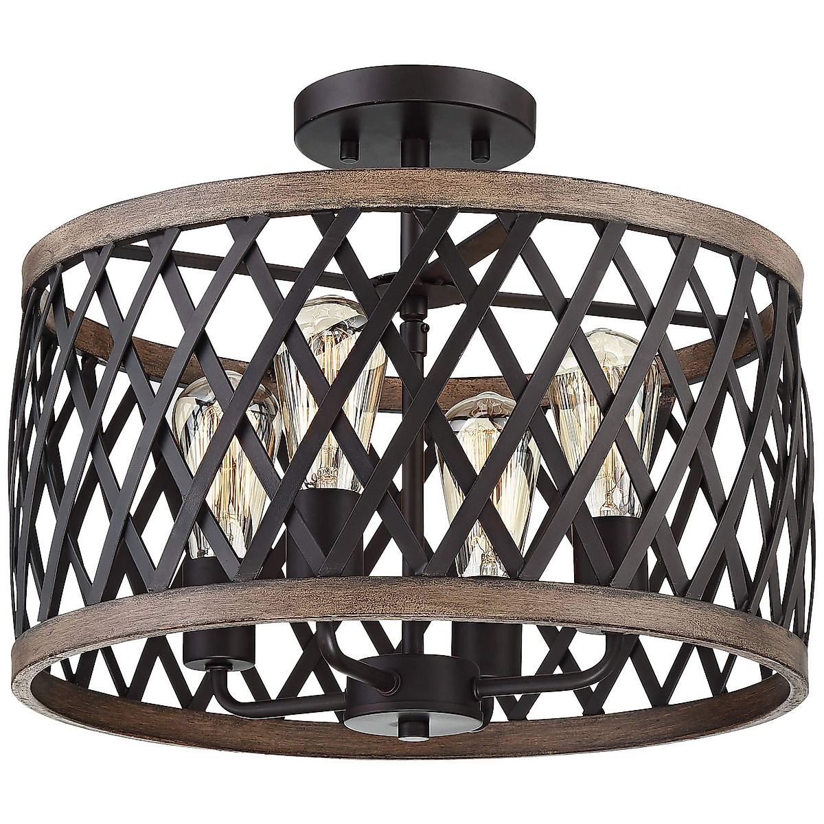 Franklin Iron Works Trey Farmhouse Rustic Close to Ceiling Light Semi Flush Mount Fixture 16" Wide 4-Light Bronze Woodgrain Drum Shade for Bedroom Hallway Living Room Dining Room Bathroom Kitchen