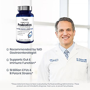1MD Nutrition Complete Probiotics Platinum - w/Prebiotics and Probiotics for Digestive Health - Probiotic Supplement for Women & Men - More Than 50 Billion Live CFU 11 Strains Dairy-Free - 30 Caps