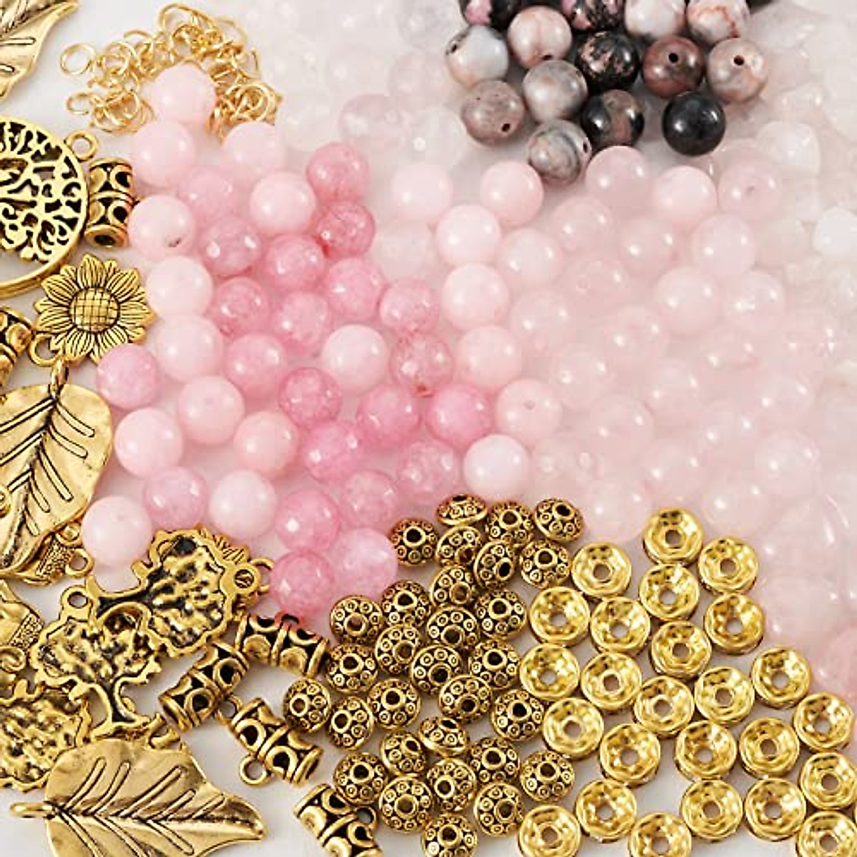 Magibeads 144Pcs Pink Gemstone Beads Kit for Bracelet Making, Antique Golden Western Charms Tibetan Spacer Beads Natural Healing Stone Beads for Jewelry Making