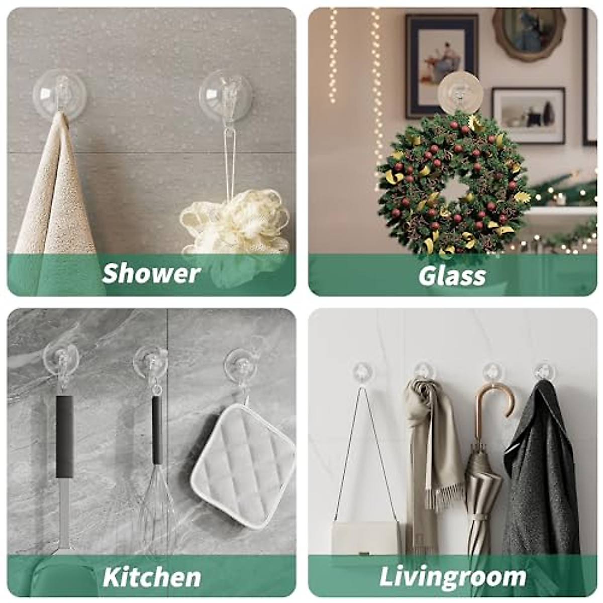 Goabroa Suction Cup Hooks, 6 Pack Clear 10 lbs Holding Suction Cup Dual Hooks Holder, Suction Cups for Glass, Waterproof Reuseable Suction Hanger for Bathroom, Shower, Kitchen