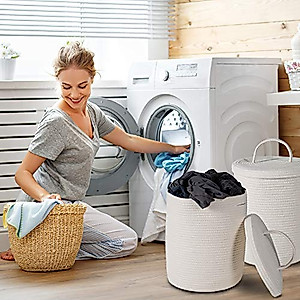 Cotton Rope Storage Basket with Lid | Large Woven Baskets and Handles 15" x 13" | for Nursery, Laundry, White Round Hamper, Home Living Room Floor, Toy Organizing bins, Blanket, Pillow and Big