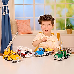 Driven by Battat – 4 Toy Vehicles for Kids&Toddlers – 7.5" Crane Truck, 7.5" Tow Truck, 7.5" Fire Truck, 7" Log Truck – Lights & Sounds – Gift Construction Toys for 3 Year Old+
