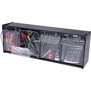 deflecto Tilt Bin Interlocking Multi-Bin Storage Organizer, 4 Sections, 23.63" X 6.63" X 8.13", Black/Clear