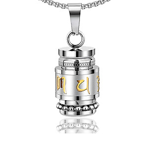 Mgutillart Fashion Titanium Steel Buddhist Prayer Wheel Pendant Prayer Locket Necklace(White Gold)