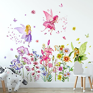 Supzone Flower Fairy Wall Stickers Butterfly Girl Wall Decals Removable Vinyl Wall Art Sticker for Girls Baby Nursery Kids Bedroom Living Room Bathroom Wall Decor Mural
