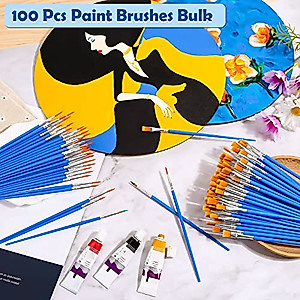 Small Paint Brushes Bulk, Anezus 100 Pcs Paint Brushes for Kids Acrylic Paint Brushes Set with Flat and Round Pointed Paint Brushes Craft Paint Brushes for Classroom Watercolor Canvas Face Painting