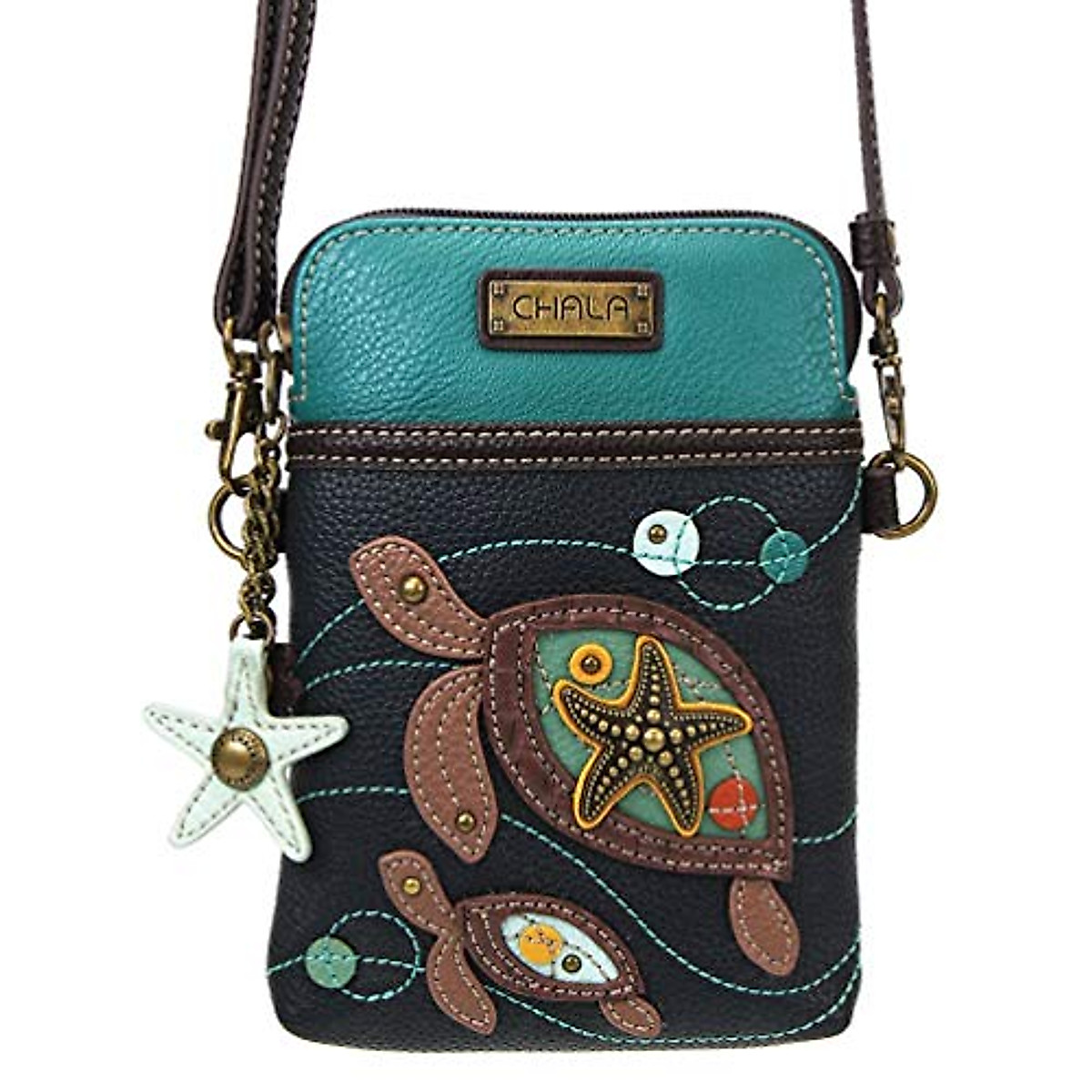 Chala Group Handbags Turtles Cellphone Crossbody Purse, Navy/Teal