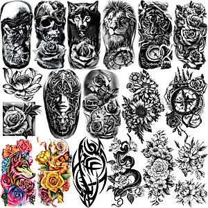 Yazhiji 77sheets Waterproof Temporary Tattoo for Girls or Boys Kids 17sheets Larger Half Arm Wolf Tiger Lion Fake Tattoos for Men or Women And 60 sheets Tiny Flower Snake Rose Sunflower Tattoo Sticker