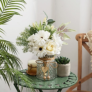 COZZI CODI Artificial White Flowers with Vase, Fake Flowers Arrangement for Home Decor, Faux Flowers for Farmhouse Coffee Table Decor, House Kitchen Centerpiece Table Decorations