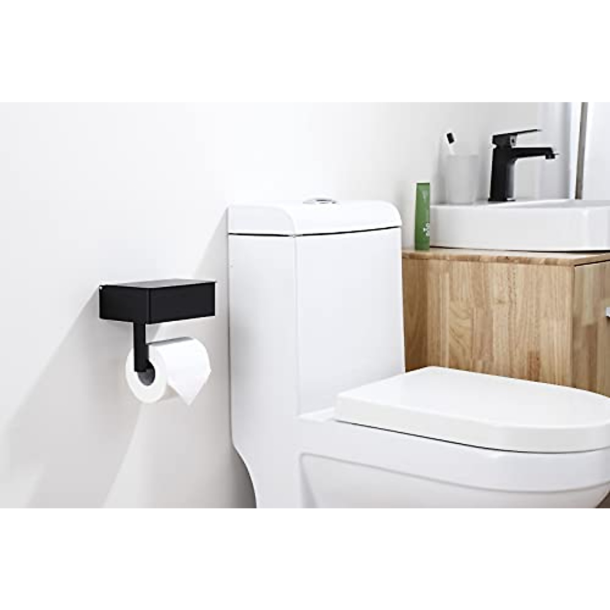 Day Moon Designs Toilet Paper Holder with Shelf - Flushable Wipes Dispenser & Storage Fits Any Bathroom, Keep Your Wet Wipes Hidden - Stainless Steel Wall Mount Bathroom Organizer - Matte Black, Small