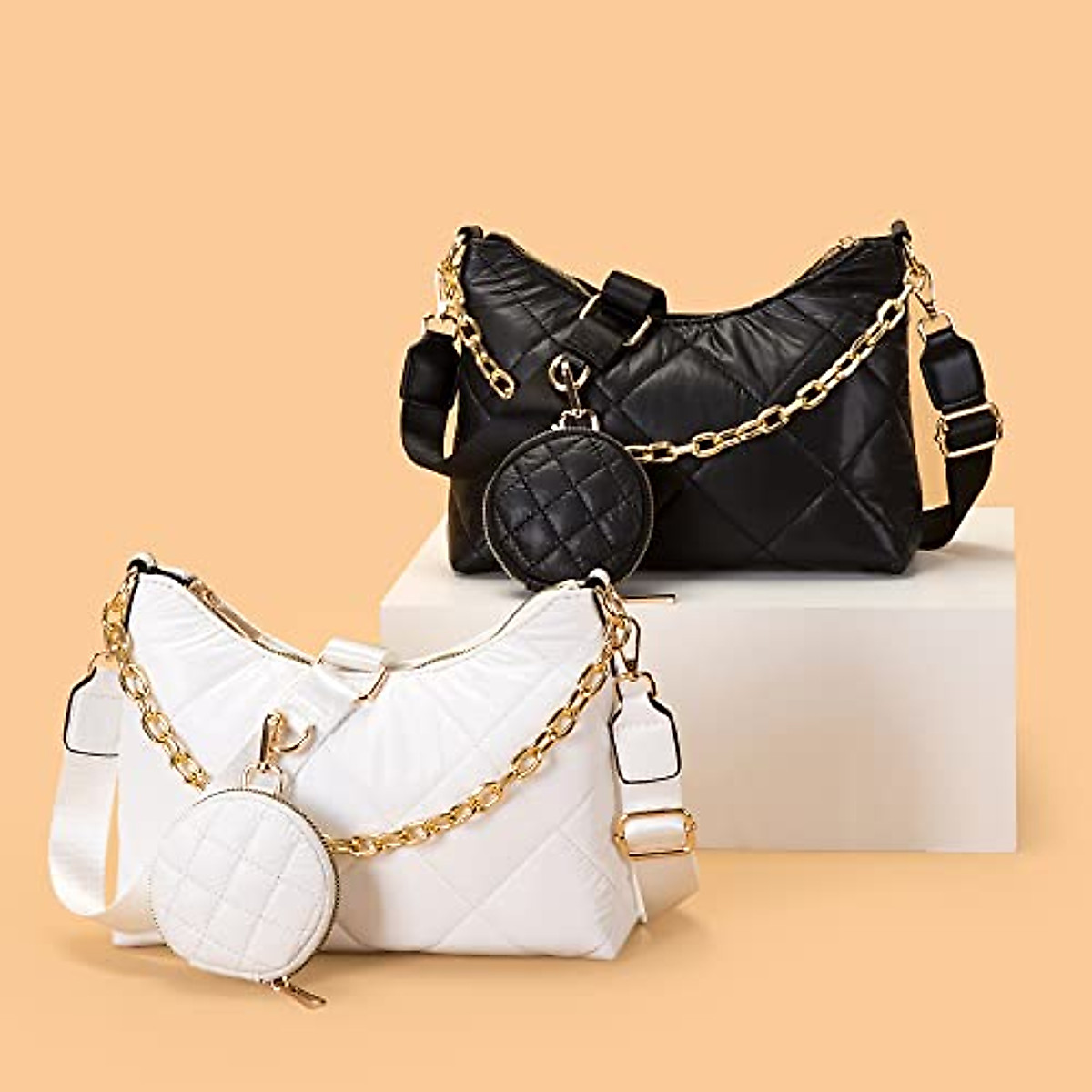 Herald Quilted Puffer Hobo Crossbody Bag for Women, Lightweight Shoulder Side Handbag with Chain Strap & Coin Purse Pouch (White)