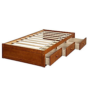 Twin Size Bed with 3 Storage Drawers, Solid Wooden Twin Platform Bed with Support Slats, Twin Bed Frame for Kids Teens, No Box Spring Needed (Twin, Oak)
