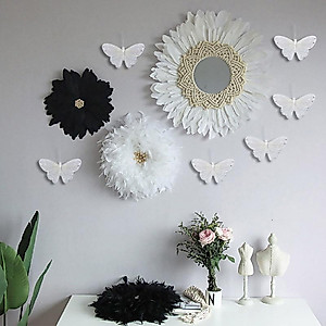 White Butterfly Stickers for Walls: 6pcs 3D Feather Butterflies Wall Decor with Pearls Glitters for Girls Bedroom Baby Shower Wedding Cake Office Decor Decorative Butterfly Wall Decals for Bathroom