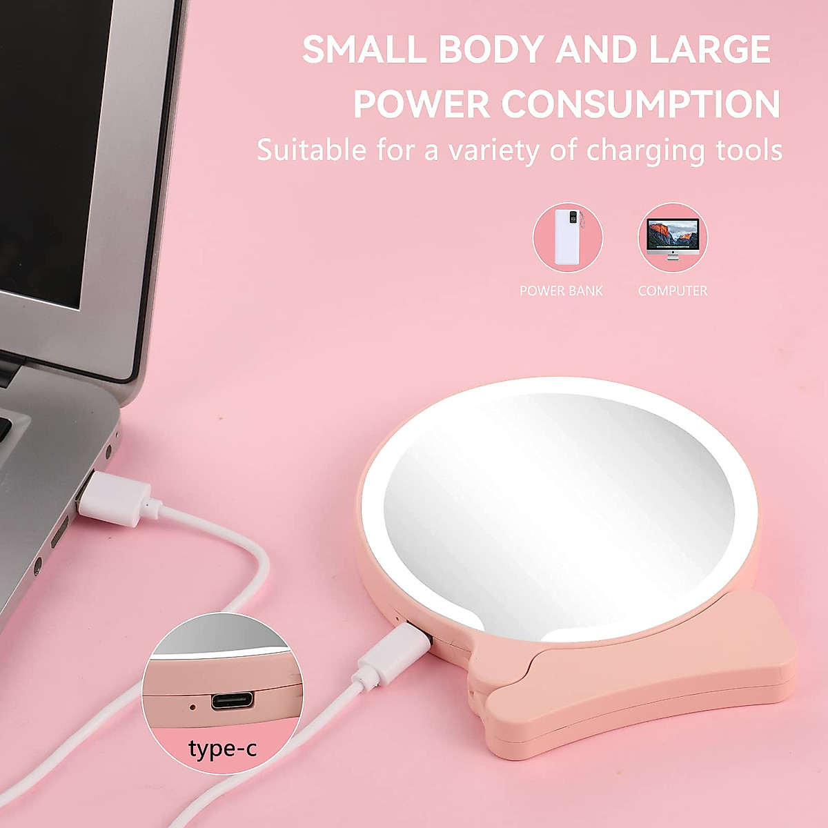 Hand Mirror with Light, Rechargeable Lighted Travel Makeup Mirror, Round Portable Small Handheld Mirror with Folding Handle, Lightweight (Pink)