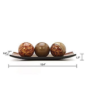 Hosley Brown Hand Painted Pattern Decorative Bowl Tray and Orb Ball Set 15 Inches Long Burlwood Style Finish Ideal Gift for Weddings Party Spa Reiki Meditation Settings O3