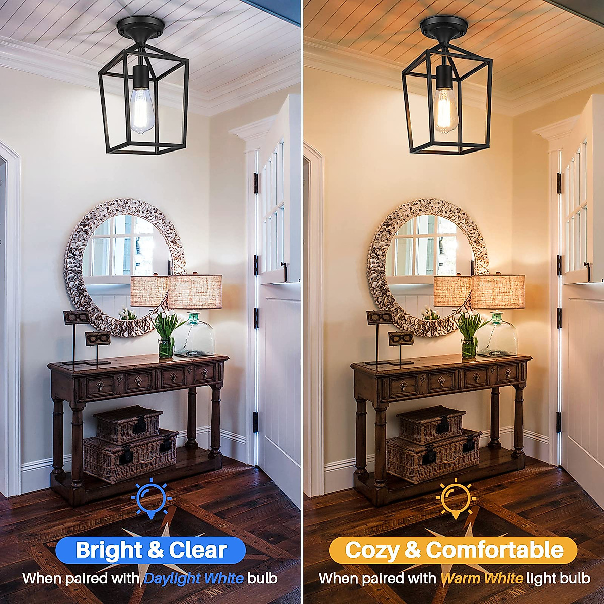 BesLowe 2-Pack Farmhouse Semi Flush Mount Ceiling Light Fixtures for Hallway, Industrial Close to Ceiling Lighting for Entryway Kitchen Foyer Laundry, Black