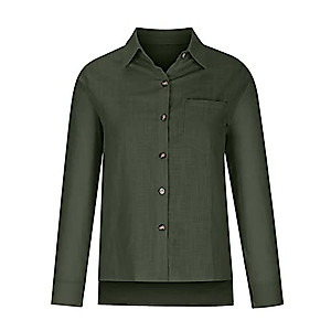 Womens Cotton Linen Button Down Shirt 2023 Casual Long Sleeve Solid Color Shirts Loose Work Tops with Pockets Army Green