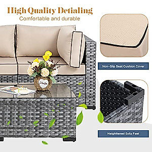 JAMFLY 5 Pieces Patio Furniture Sets, Wicker Outdoor Sectional Furniture with Glass Table and Cushions, Rattan Patio Conversation Sets for Garden, Poolside, Backyard(Khaki)