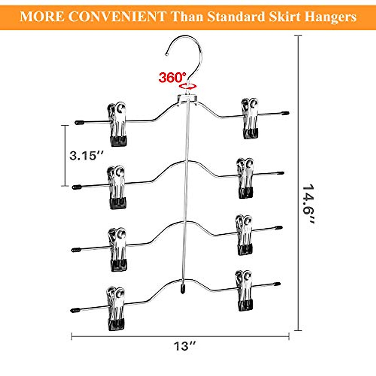 Frezon Multi Layer Pants Hangers, 4 Tier Skirt Hangers with Adjustable Clips, Non Slip Space Saving Closet Organizer Heavy Duty 360 Degree Swivel Hook, Great for Slack, Trouser, Jeans(Black)