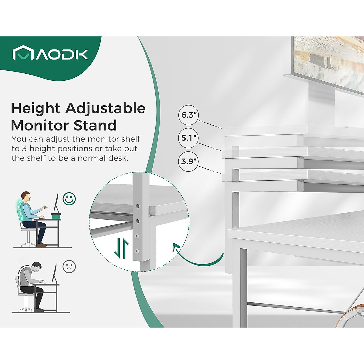AODK Small Computer Desk with Keyboard Tray, 40 Inch Office Desk with Power Outlet, Work Desk with Drawer, Reversible Desk with Adjustable Monitor Shelf and Storage Shelf for Home Office, White