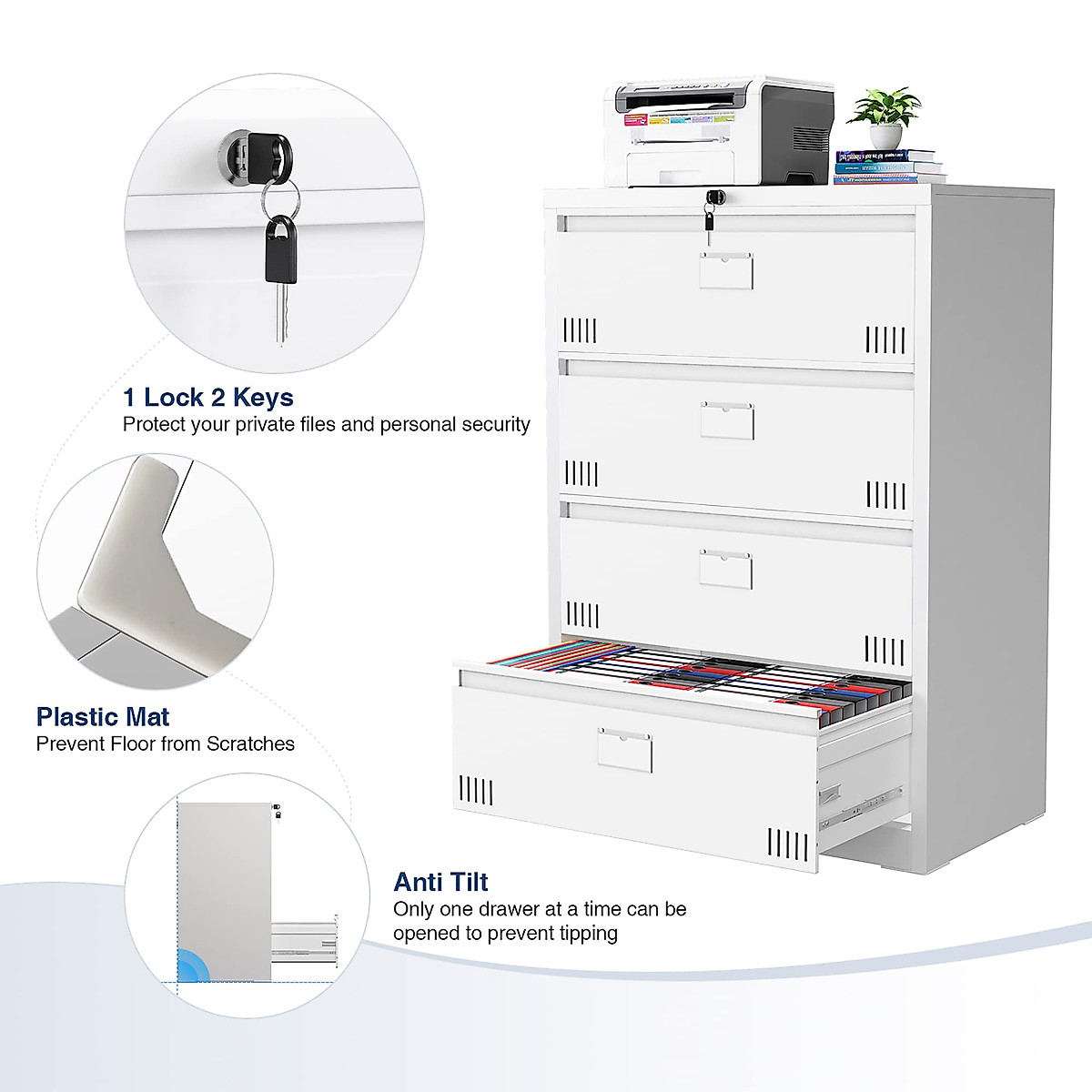 Petonline Metal Lateral Filing Cabinet for Home Office, 4 Drawer Lateral File Cabinet with Lock, Metal Horizontal File Cabinet with Card Slot, Lockable Storage File Cabinet for Hanging Letter/Legal