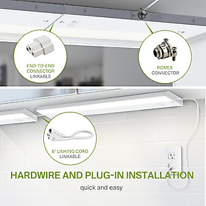ASD LED Under Cabinet Lighting 24 Inch, Dimmable, Hardwired or Plug-in Installation, 3 Color Levels- 2700K/3000K/4000K, Linkable Kitchen Under Counter Lighting, ETL & Energy Star, White Finish