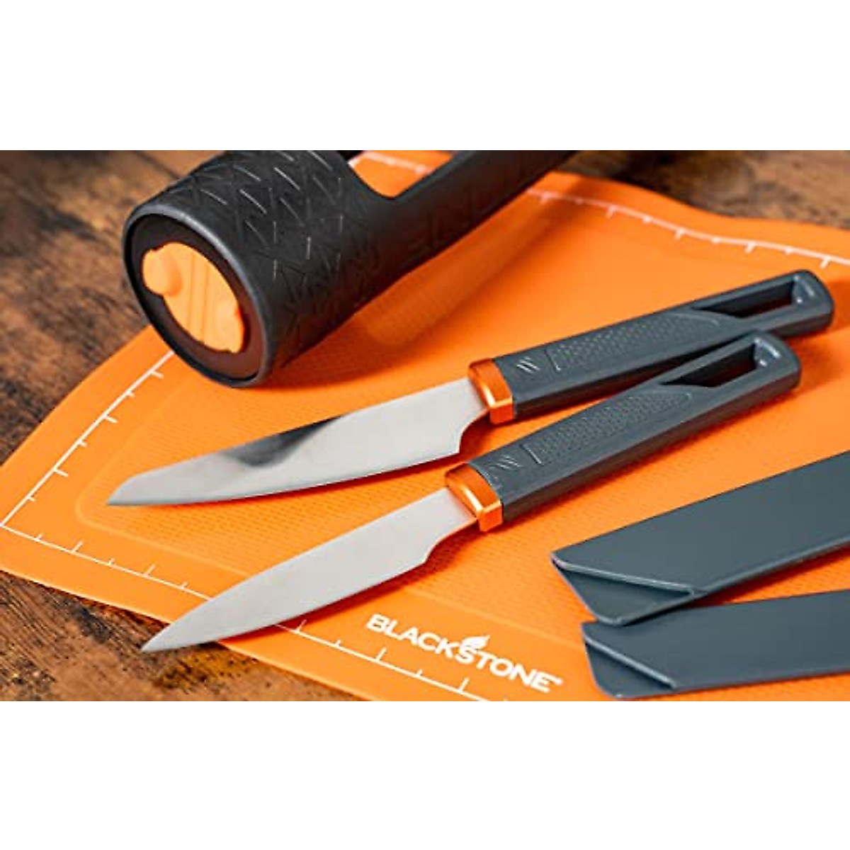 Blackstone 5433 Knife Roll Kit 1 Silicone Prep Mat, Integrated Salt and Pepper Shaker, 1 Large Prep Knife, 1 Small Prep Knife, 1 Containment Tube, Stainless Steel, Chef Travel Roll Bag/Case Orange