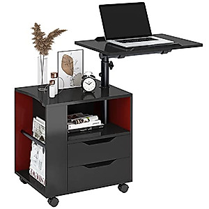 SogesHome Height Adjustable Nightstand with Lockable Wheels, Over-Bed Movable Bedside Table with 2-Drawers, Bedroom Side Storage Cabinet with 1-Open Cube, Black