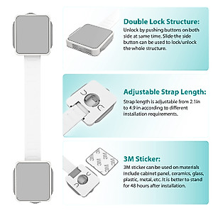 Child Adjustable Strap Lock, Sliding U Shaped Baby Safety Latch for Drawers, Cabinets, Oven, Toilet Seat, No Tool, No Drilling Needed, Super Strong 3M Adhesive