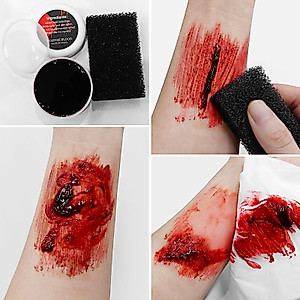 4PCS Halloween Fake Blood Makeup Kit, [Coagulated Blood + Fake Blood Spray 60ML + Dripping Blood 60ML + Black Stipple Sponge], Fake Blood Washable for Clothes Face SFX Wound, Vampire