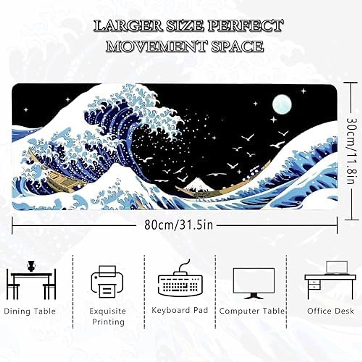 MEWOOCUE Gaming Laptop Mouse Pad, Sea Wave Big Desk Pads PC Keyboard Waterproof and Non-Slip 31.02 x 11.8inches 3mm Thick XL,XXL Rubber Table Mat, Kanagawa Surfing and Black