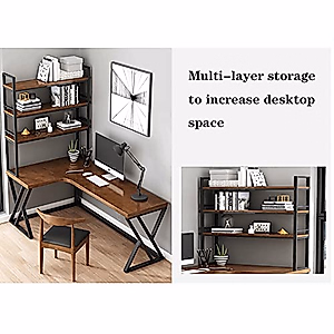 Computer Desk/Writing Desk Multifunctional L-Shaped Corner Desk Home Office Desk with 3-Layer Storage Shelves Large Monitor Stand Workstation, Rustic Brown and Black PC Table Study Table
