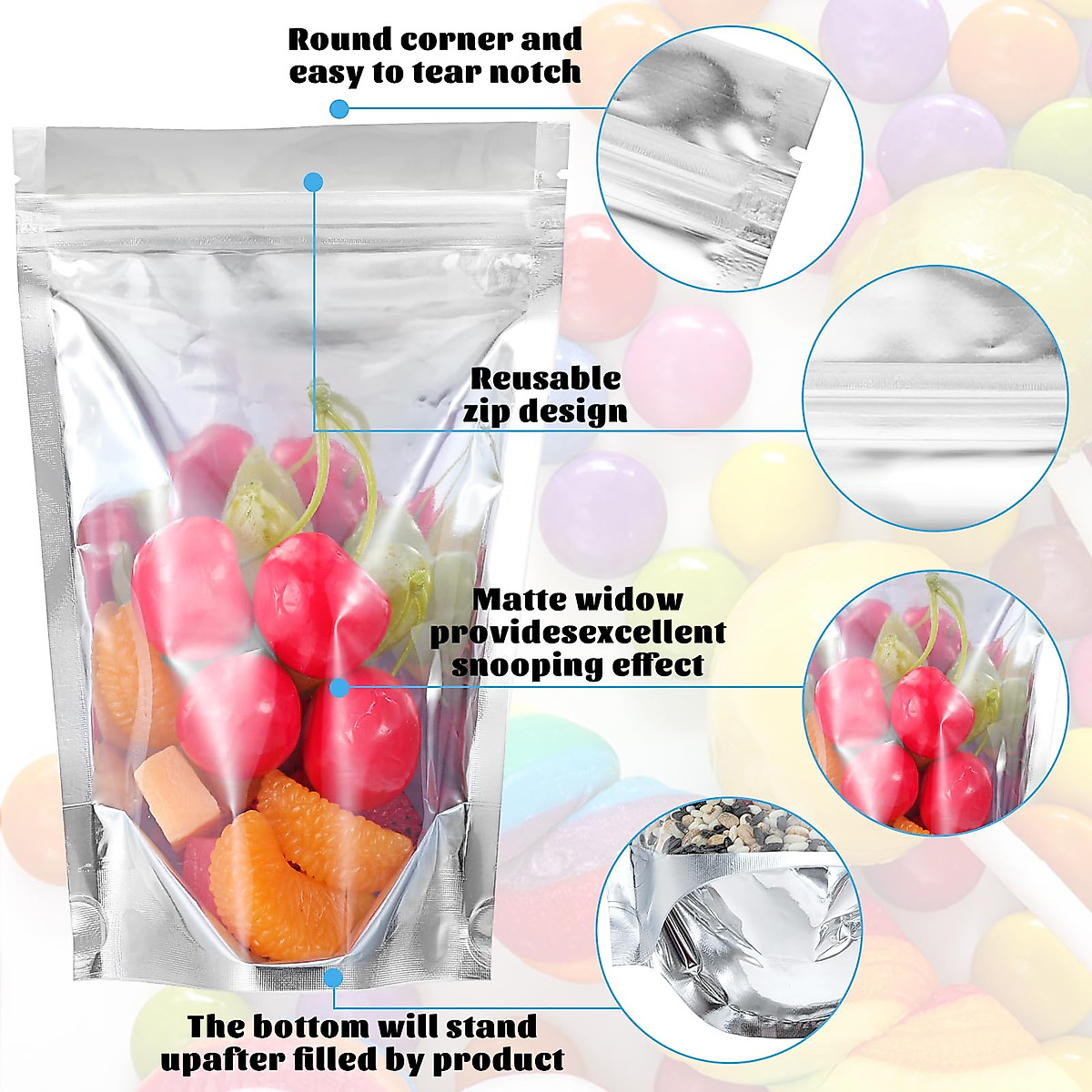 200 PCS Candy Bags, Sealable Heavy Duty Clear Mylar Food Storage Bags, Container Sets, Plastic Zipper Food Coffee Candy Storage, Refoldable Bags And Heat Sealable Food Storage (5" x 8")