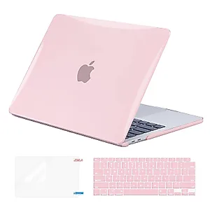 EooCoo Case Compatible with MacBook Air 13 inch 2022 2021-2018 M1 A2337 A2179 A1932 with Retina Display, Glossy Plastic Hard Shell, Keyboard Skin Cover, Screen Protector, Cute Pink