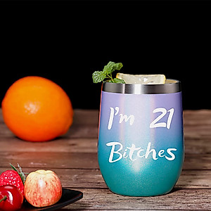 KFK 21st Birthday Gifts for Her,Funny 21 Year Old Birthday Gifts, 21st Birthday Wine Tumbler with Keychain, 21st Birthday Decorations for Women, Sister, Friends-(Glitter Peacock)
