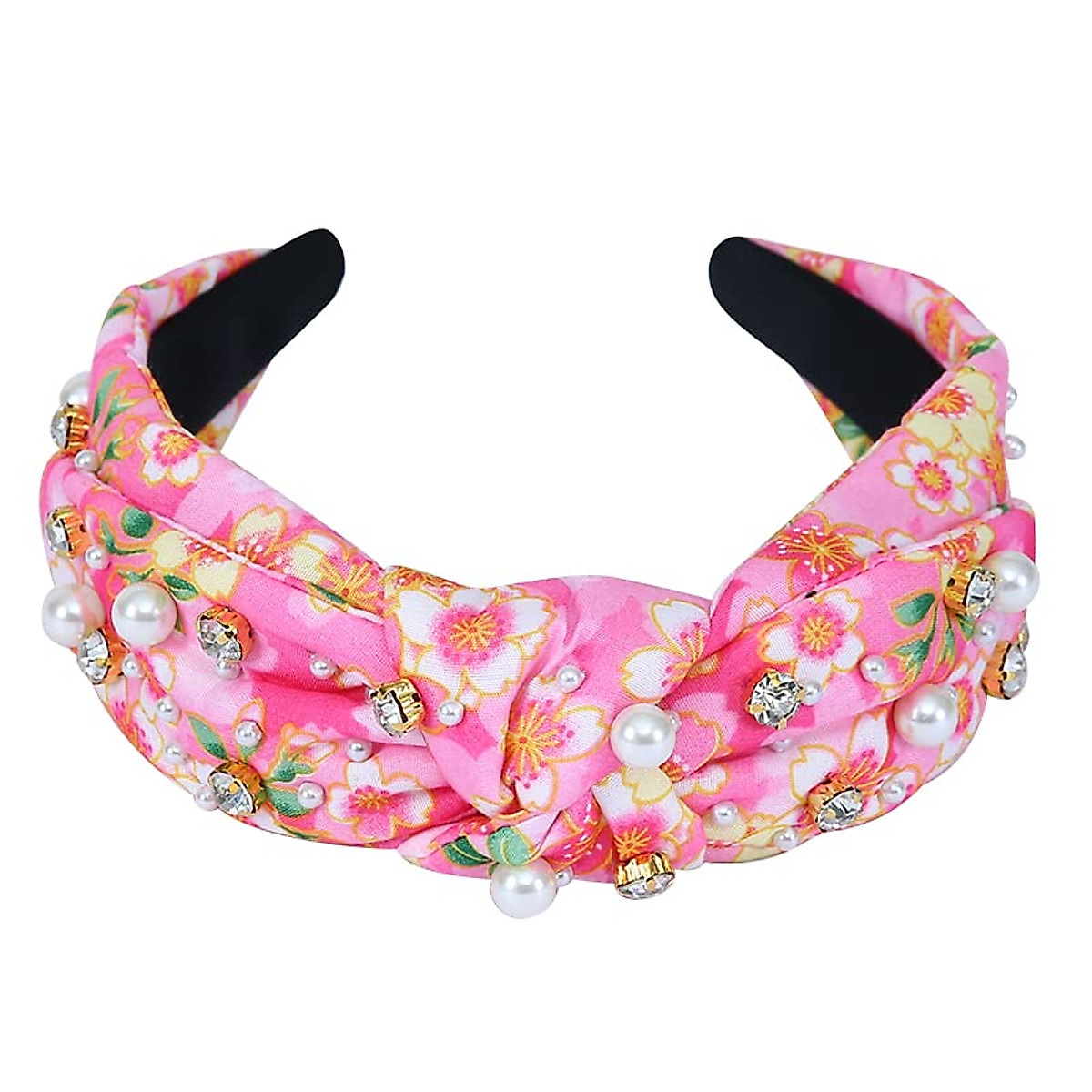 Crystal Knotted Headband Holiday Romantic Vintage Pearl Prints Women Knot Bow Floral Embellished Hair Bands