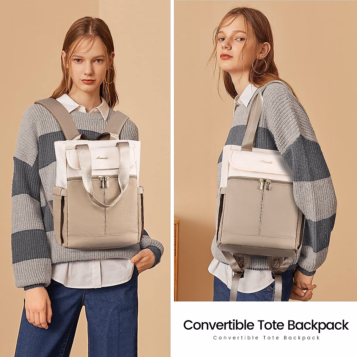 LOVEVOOK Backpack Purse for Women, Convertible Mini Backpacks Tote for Teen Girls, Small College Bookbag for Work, School, Travel, 2pcs set, Cream-Khaki