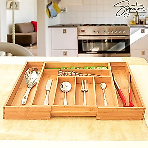 Signature Living Bamboo Expandable Utensil Drawer Organizer, Premium Bamboo for Cutlery, Flatware, Silverware - Drawer Dividers for Easy Storage