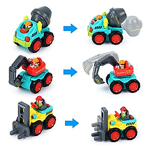 Push & Play Vehicles for Toddlers, Kids, Boys 6 Pack Friction Powered Action City Construction Engineering Playset with Mini Bulldozer, Excavator, Dumper, Cement Mixer, Forklift and Road Paver