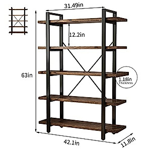 5-Tier Industrial Style Solid Wood Bookcase and Book Shelves,Rustic Wood and Metal Shelving Unit， Living Room,Modern Rustic Open Industrial Book Shelf Office,Distressed Brown (AY-02-5Tier)