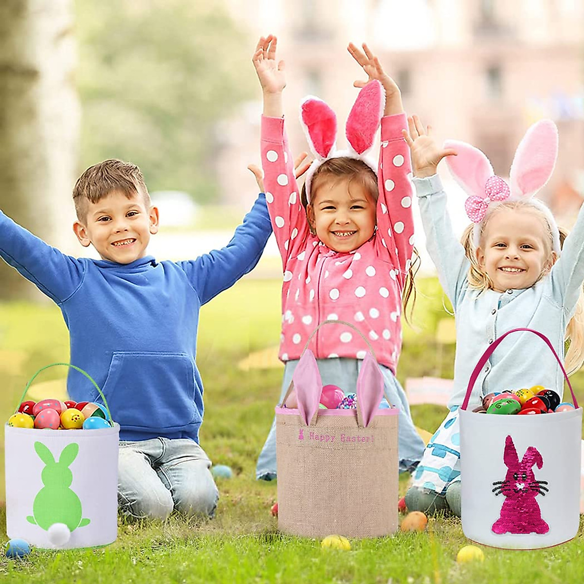 Faylapa 3pcs Easter Bunny Basket Bags Bunny Canvas Tote - Party's Celebrate Decoration Eggs Candy and Gifts Carry Bucket-Pink+Blue+Green