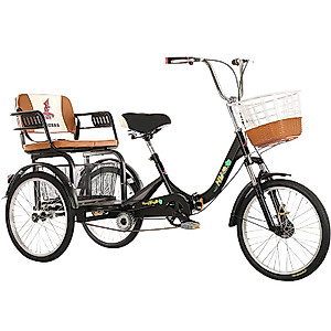 20 Inch Adult Tricycle, Cruiser Bikes Low Step-Through High Carbon Steel Frame, Three Wheel Bikes with Cargo Basket and Trunk for Seniors, Women, Men, (Color : Black)