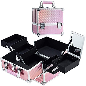 Stagiant Makeup Train Case, Makeup Box for Girls with Nail Polish Organizer Cosmetic Jewelry Organizer Lockable with Keys, Mirror, 4 Tier Trays, Pink Handle Makeup Storage - Pink Mermaid