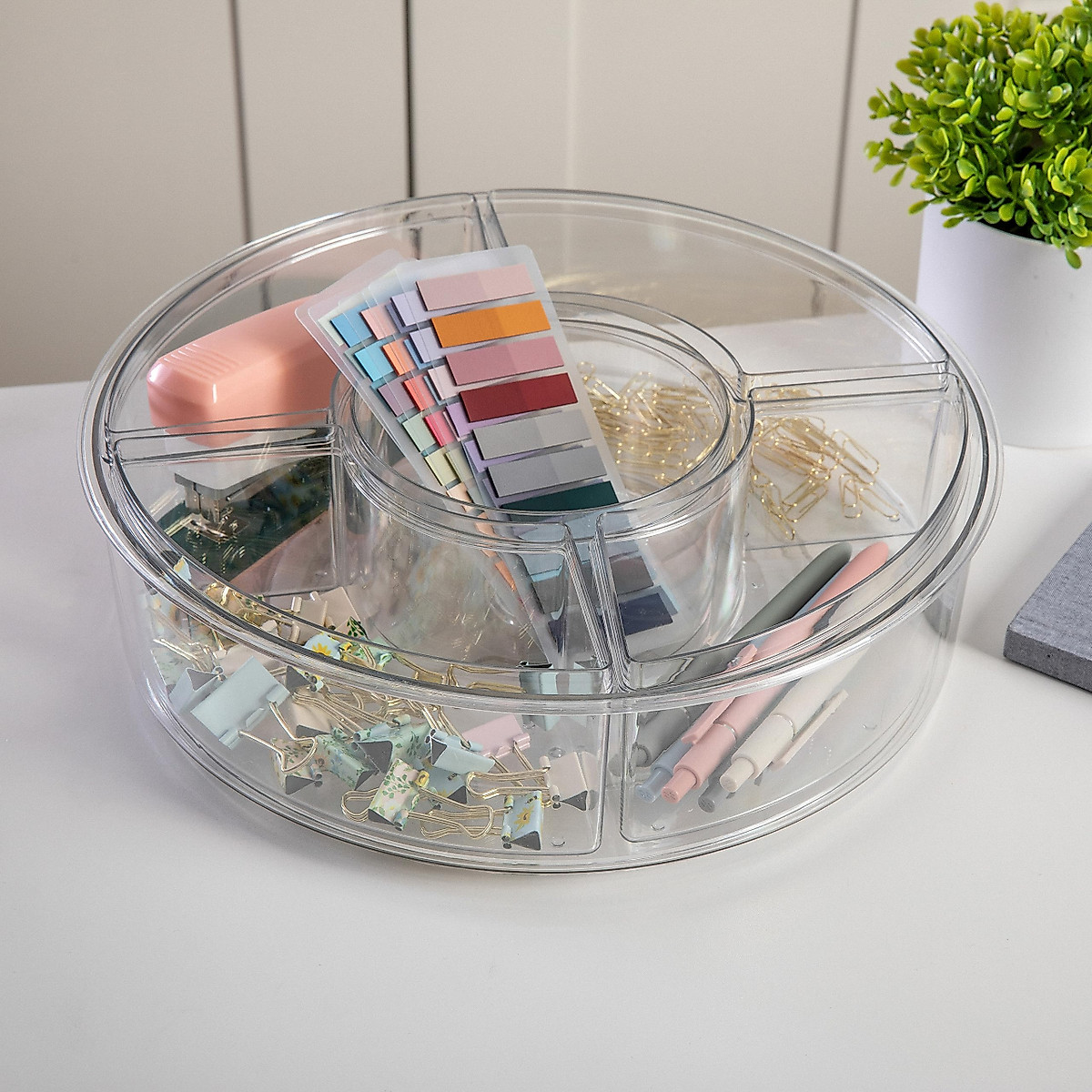 Martha Stewart Brody Divided Lazy Susan Organizer with 5 Removable Bins, Plastic 360° Rotating Desk Storage Organizer, 12 Inch, Clear